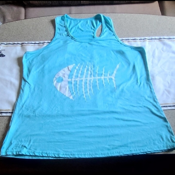 Tops | Blue Tank Top With Fish Skeleton Design | Poshmark